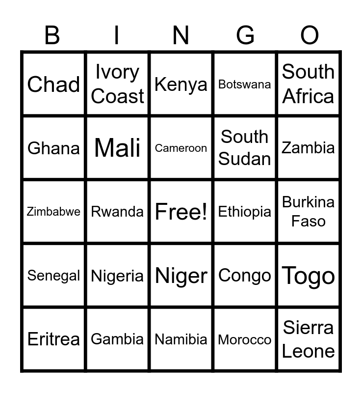 African Bingo Card
