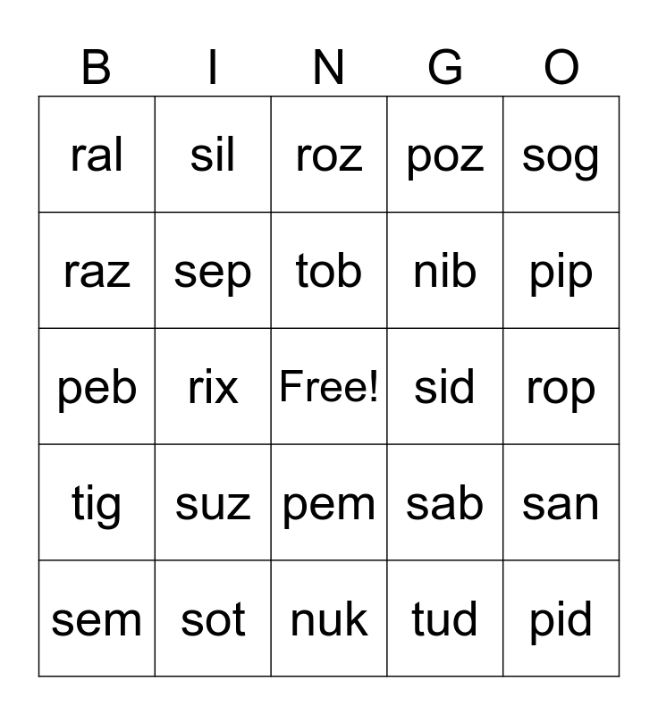 Nonsense words 1st gr. Bingo Card