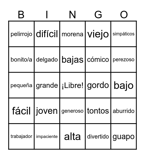 Descriptive Adjectives Bingo Card