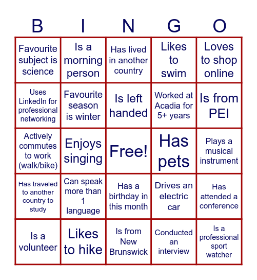 KINE 1013 Networking BINGO Card