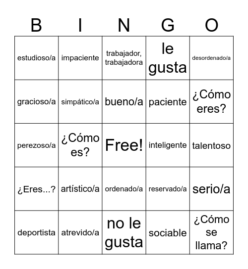 Autentico 1B adjectives Bingo Card