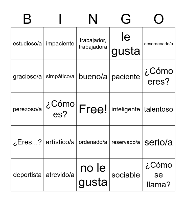 Autentico 1B adjectives Bingo Card