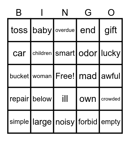 Synonym Bingo Card