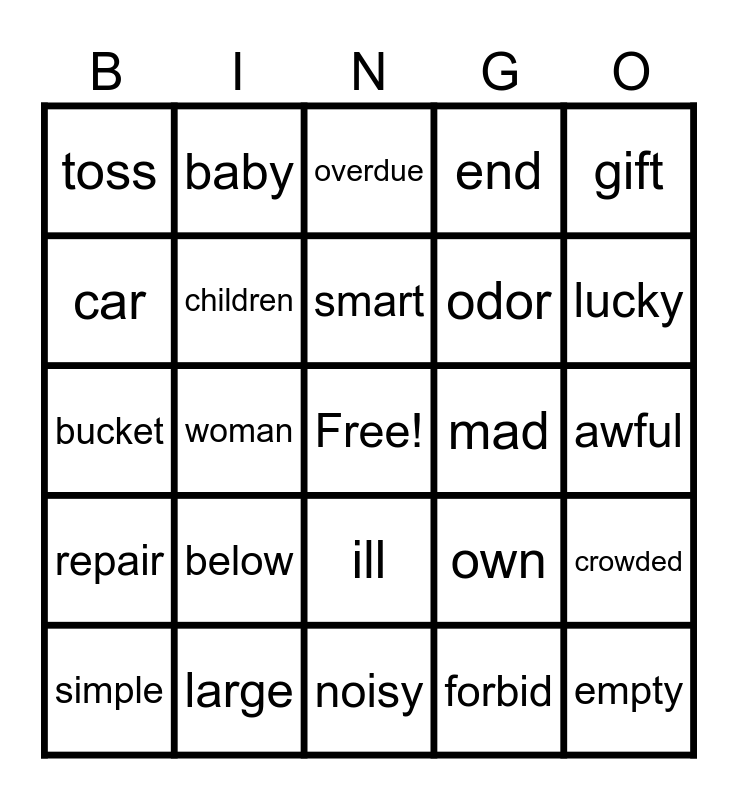 Synonym Bingo Card