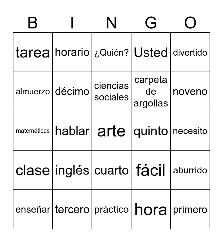 Sp 1A Ch 2A vocabulary Bingo Card