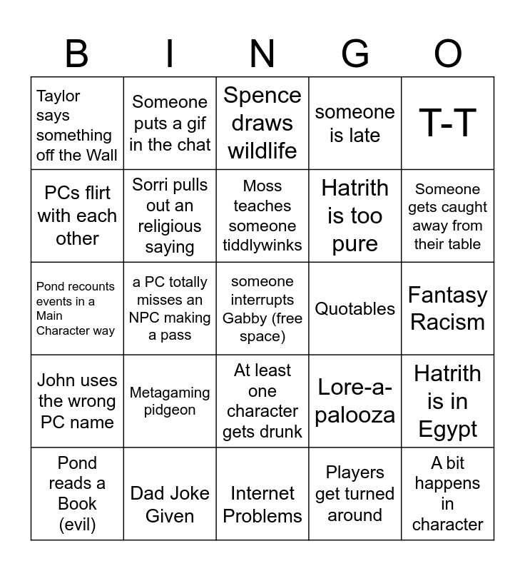 Dongles DnD Bingo Card