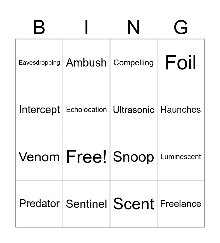 Animal Snoops Vocabulary Bingo Card