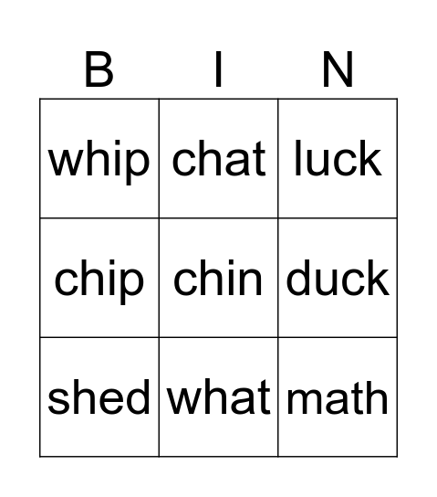 digraphs Bingo Card