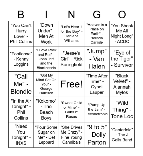80s Music Bingo Round #3 Bingo Card