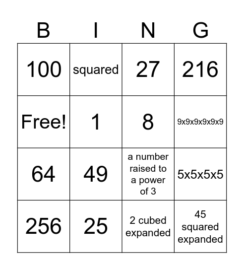 Exponents Bingo Card