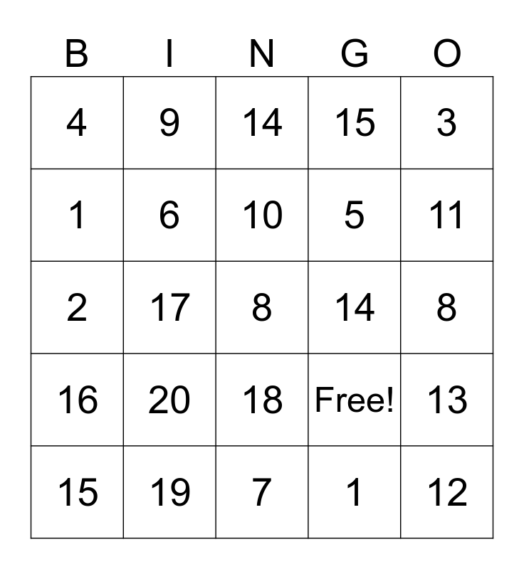 Numbers 1-20 Bingo Card