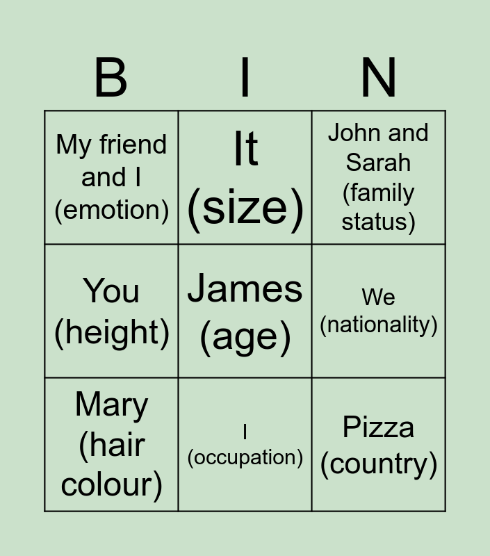 The verb "to be" present simple affirmative Bingo Card
