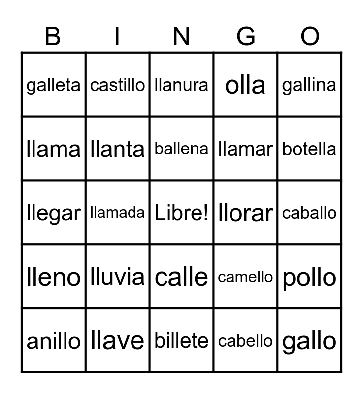 Dígrafo Ll Bingo Card