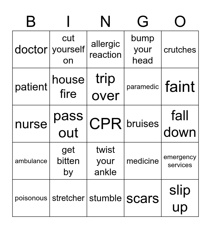 Accident and Emergency Bingo Card