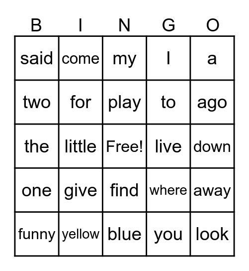 Heart Word Bingo Card