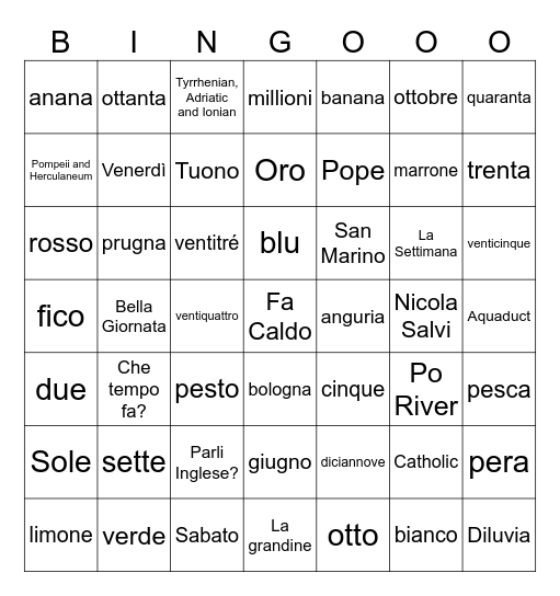 L'italiano è bello Bingo Card