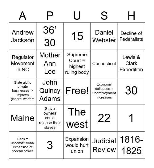 APUSH Bingo Card