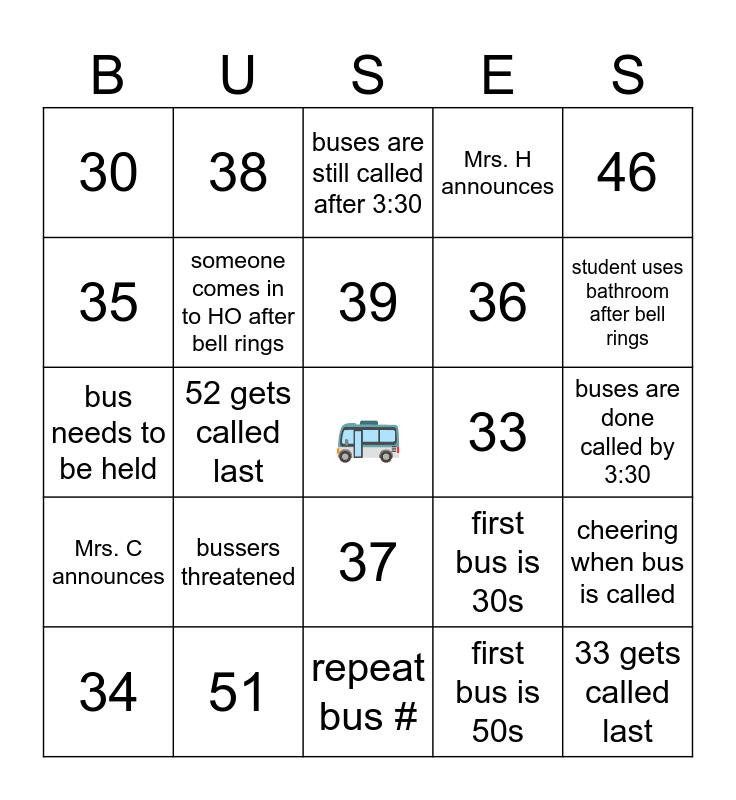 Bus Bingo! Bingo Card