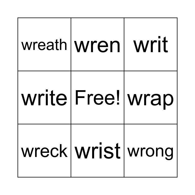 wr words Bingo Card