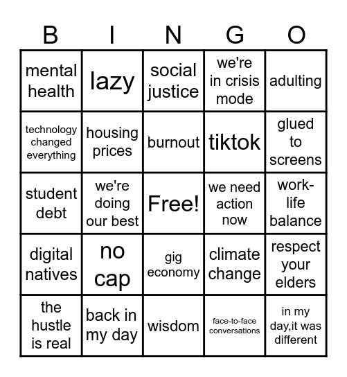 generation gap bingo Card