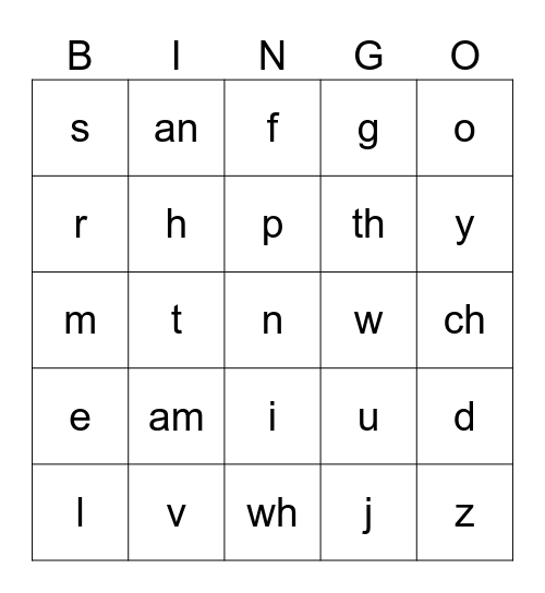Letter Sounds Bingo Card