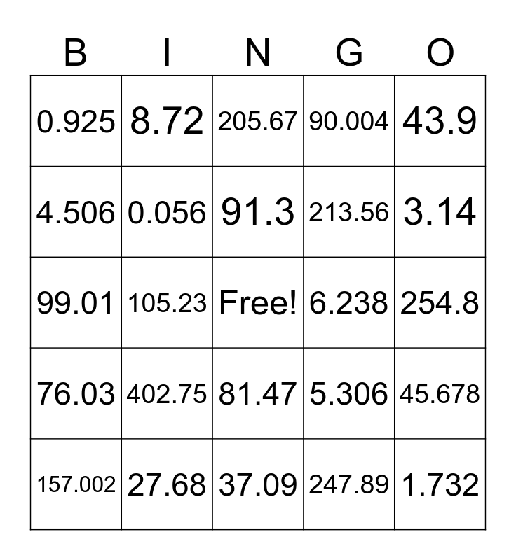 Decimal Numbers Bingo Card