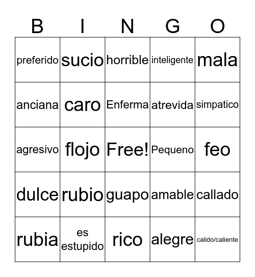 Spanish Adjectives Bingo Card
