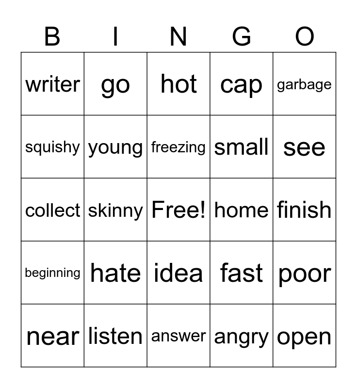 Synonym & Antonyms Bingo Card