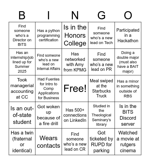 BITS New Member Welcome Bingo Card