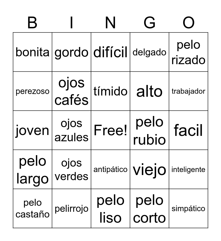 Family & Adjectives BINGO Card