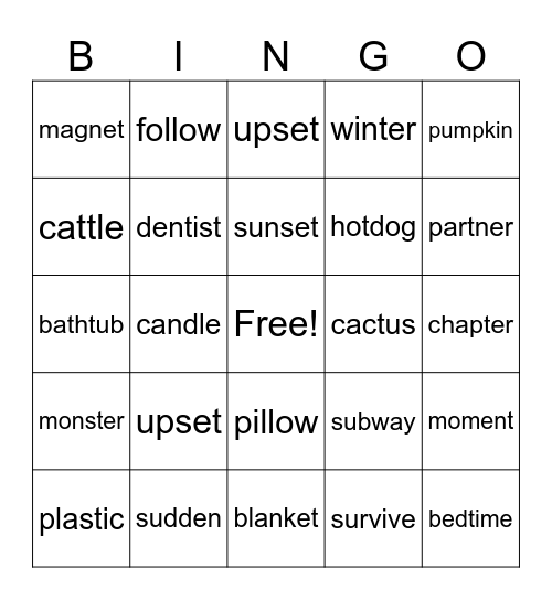 Closed syllable Bingo Card