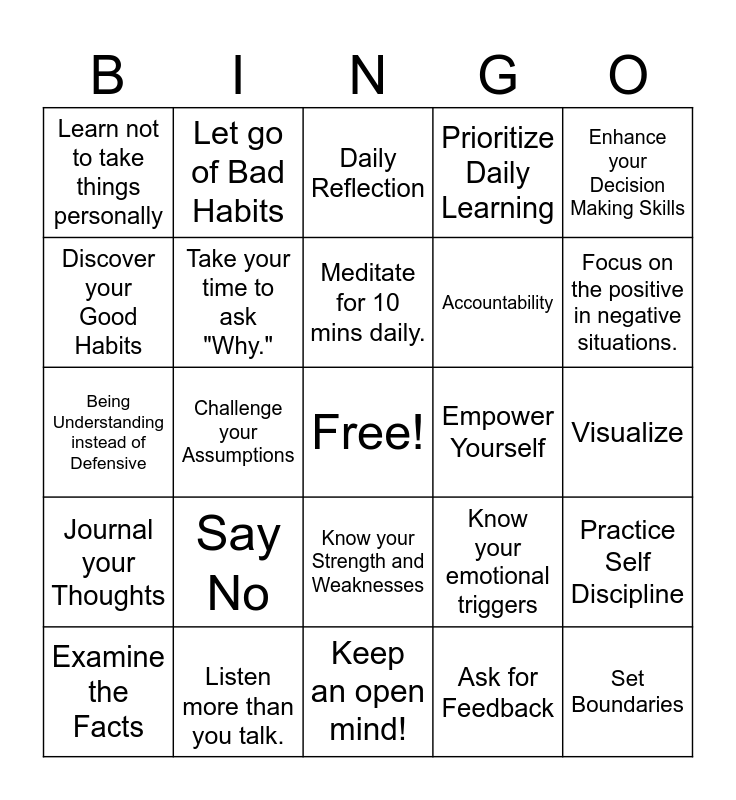 Self Awareness Bingo Card