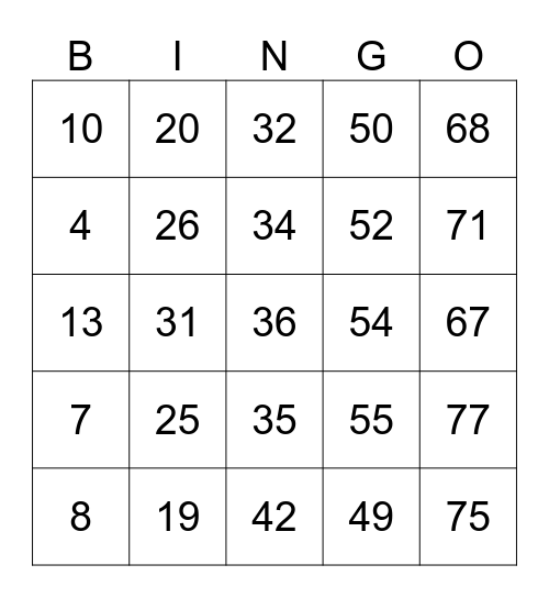 Number Bingo 1-79 Bingo Card