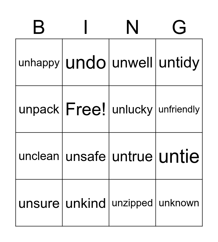 Prefix un- Bingo Card