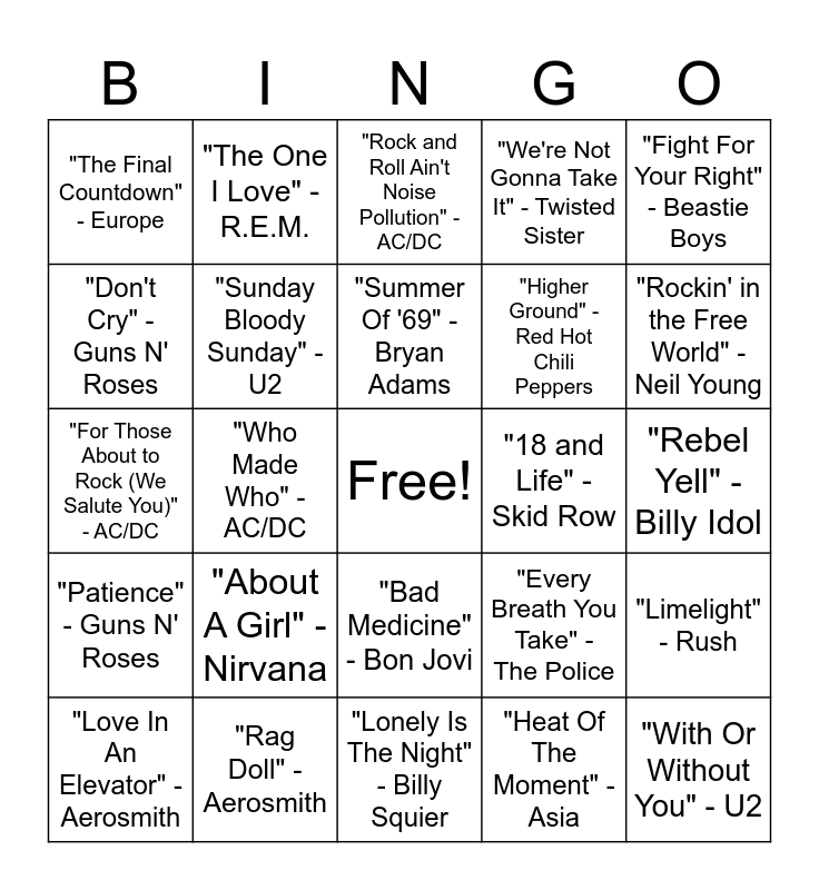 80s Music Bingo Round #2 Bingo Card