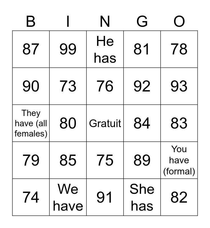 Chiffres 70-100 Bingo Card