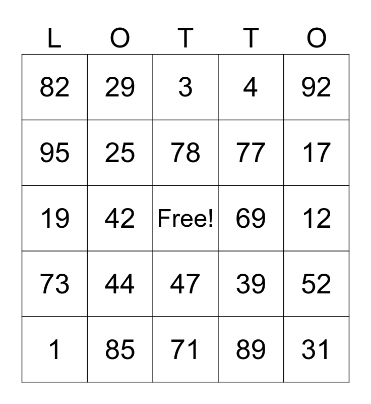 Lotto 1-100 Bingo Card