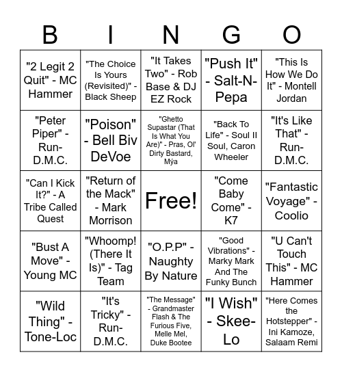 80s/90s Hip Hop Music Bingo Round #1 Bingo Card