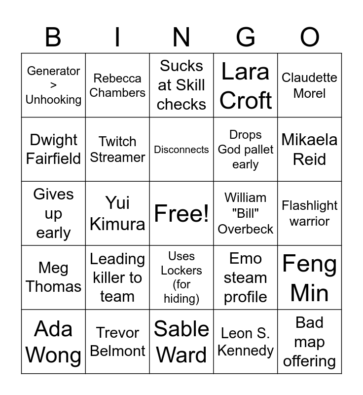 Bad DBD teammate bingo card Bingo Card