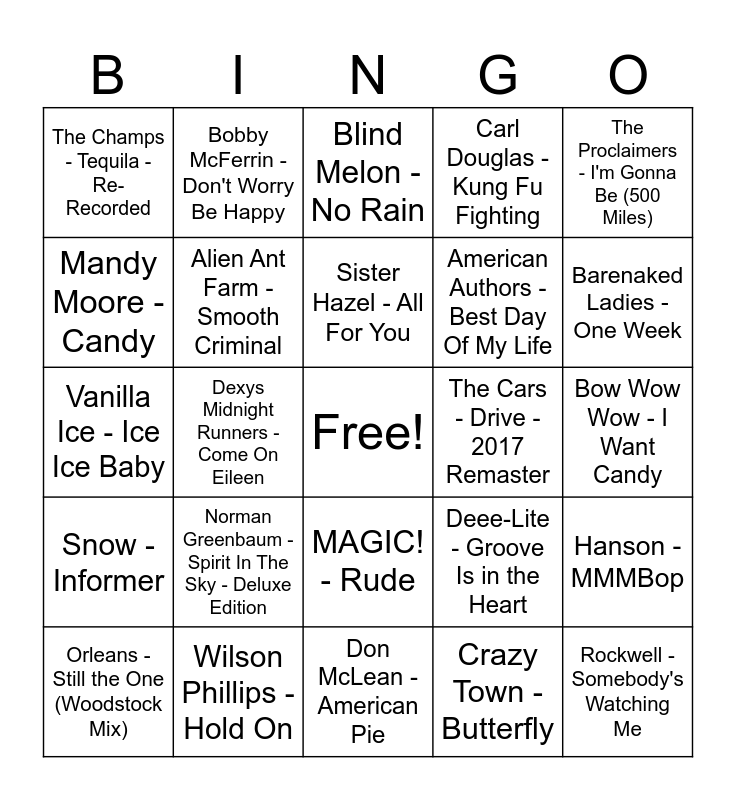 One Hit Wonders Bingo Card