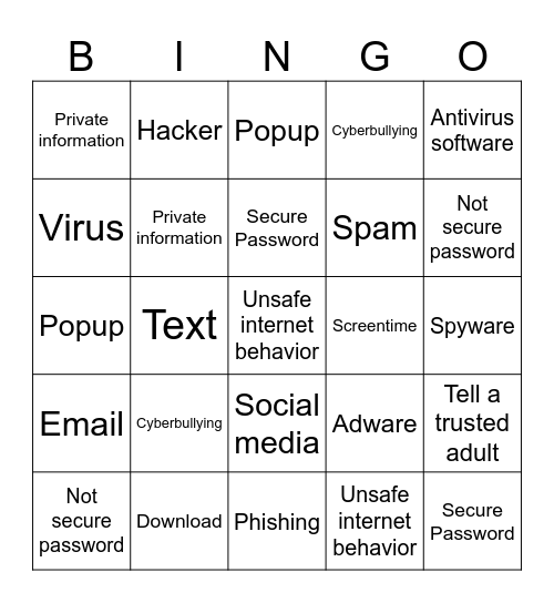 Internet Safety Bingo Card