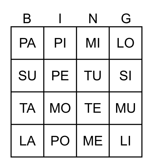 BINGO DE SÍLABAS Bingo Card