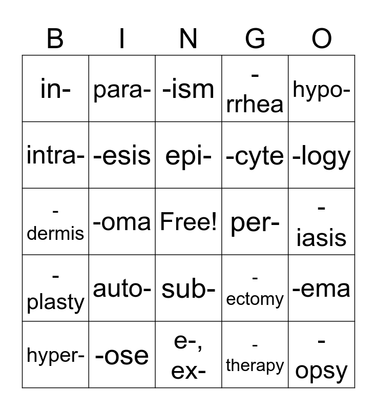 Unit 4 Prefixes & Suffixes Bingo Card