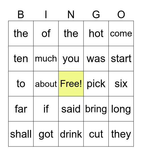 High Frequency Word Bingo Card