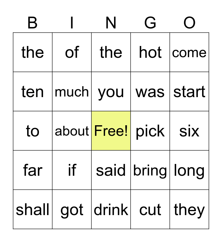 High Frequency Word Bingo Card