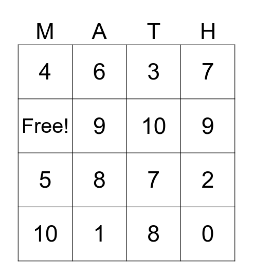MATH Bingo Card