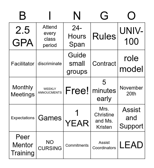 Peer Mentor Bingo Card