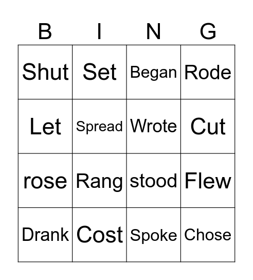 Irregular Verbs Bingo Card