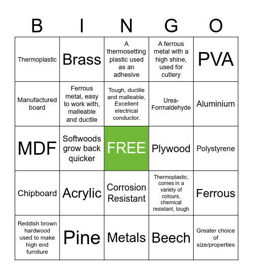 Materials Bingo Card