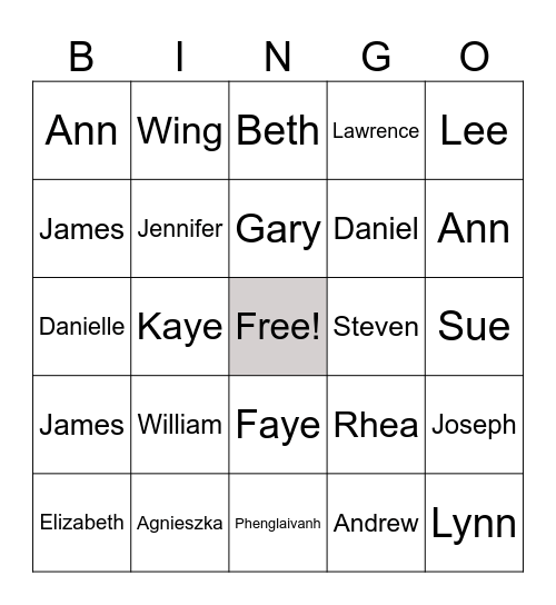 Middle Names Bingo Card